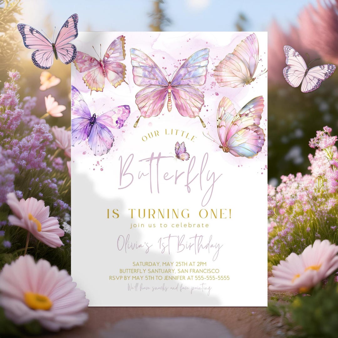 Butterfly Birthday Invitation Template Rainbow Butterfly Party 1st ...