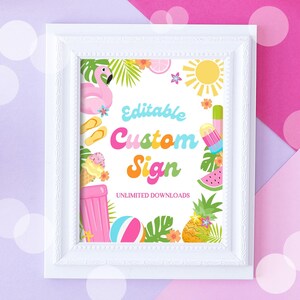 Editable Pool Party Custom Sign Tropical Splish Splash Girly Pool Party ...