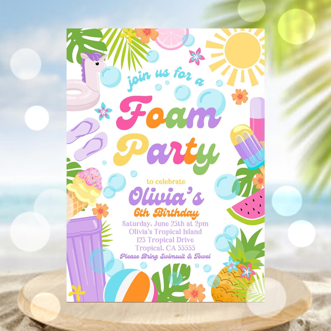 EDITABLE Foam Birthday Party Invitation Tropical Pool Foam Girly Pool ...