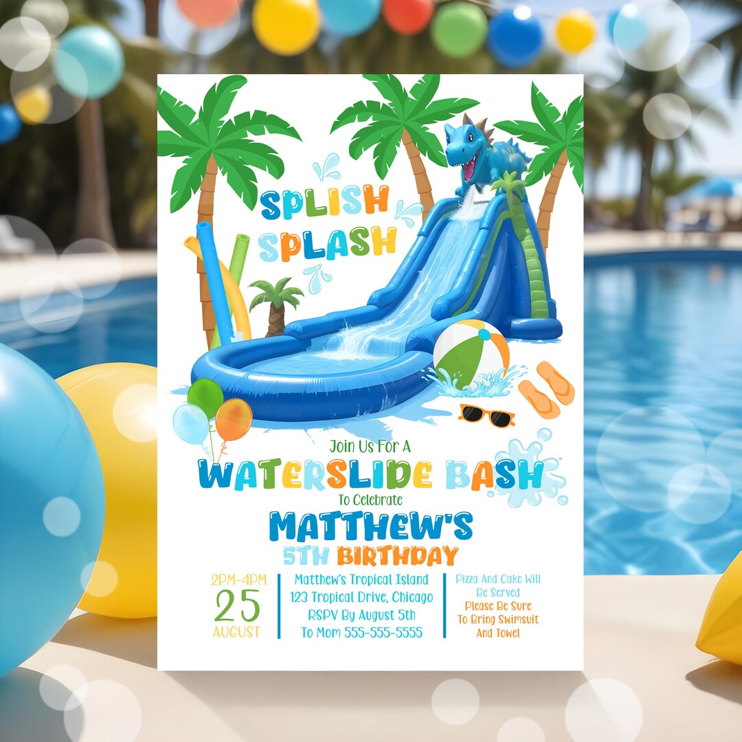 Dinosaur Waterslide Birthday Invitation Template Editable Waterslide Birthday Invite Dino Water ...