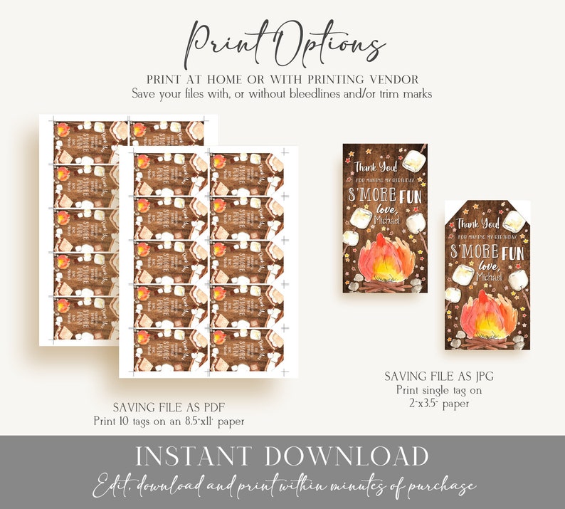 Rustic Smores Birthday Thank You Tags Favor Tag Rustic Smore Fun Smores ...