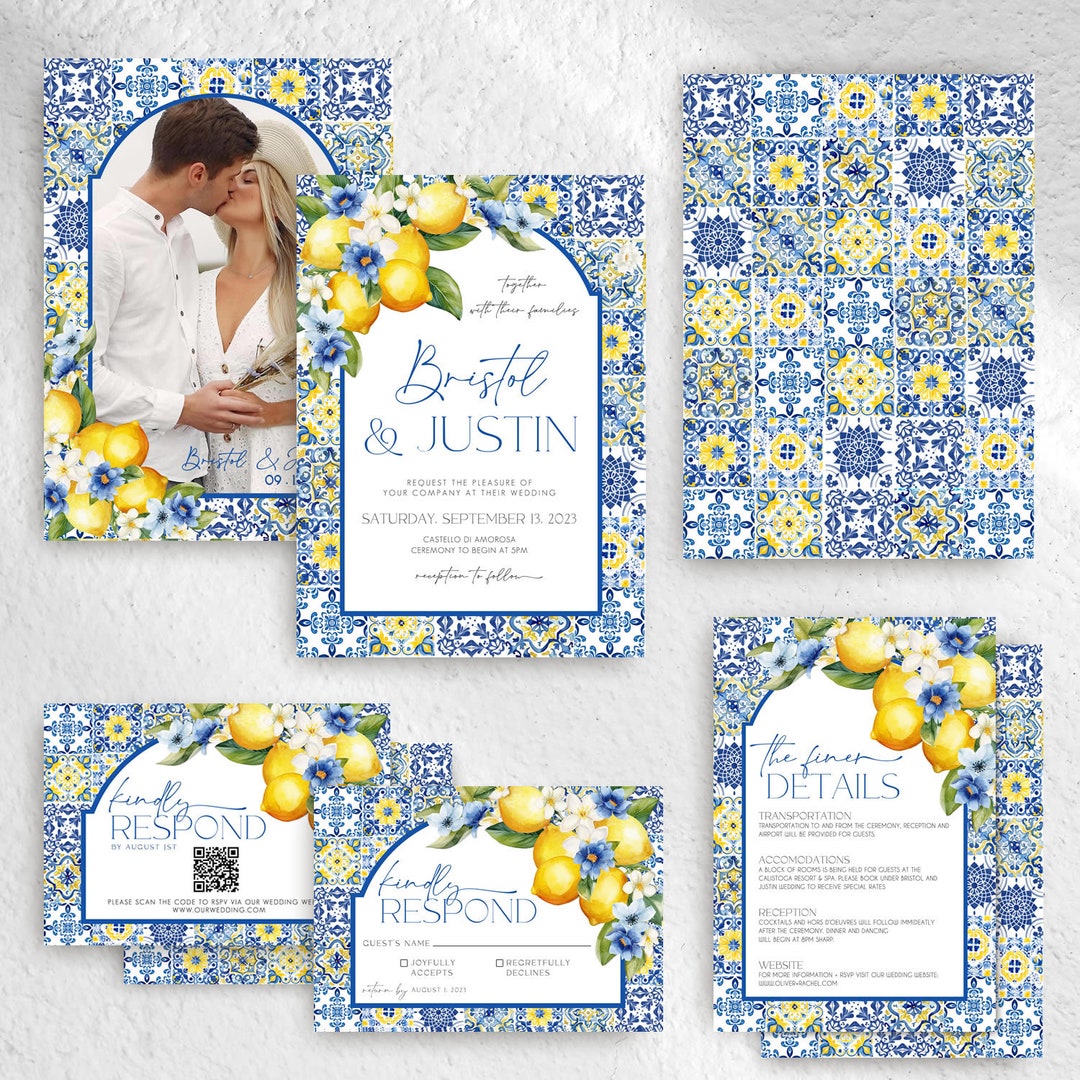 Italian Blue Tiles and Lemon Wedding Invitation Suite Bundle ...