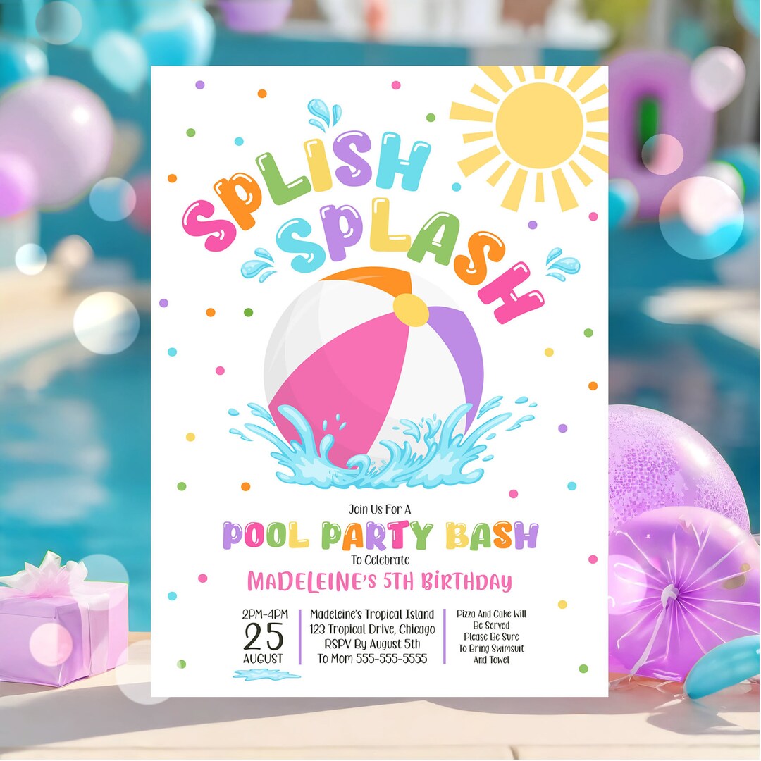 Editable Splish Splash Birthday Invitation Pool Party Girl Summer ...