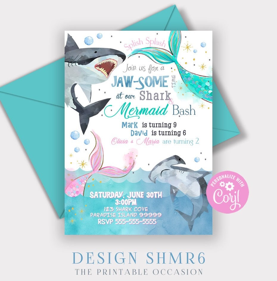 EDITABLE Sharks and Mermaids Invitation Sharks and Mermaids - Etsy