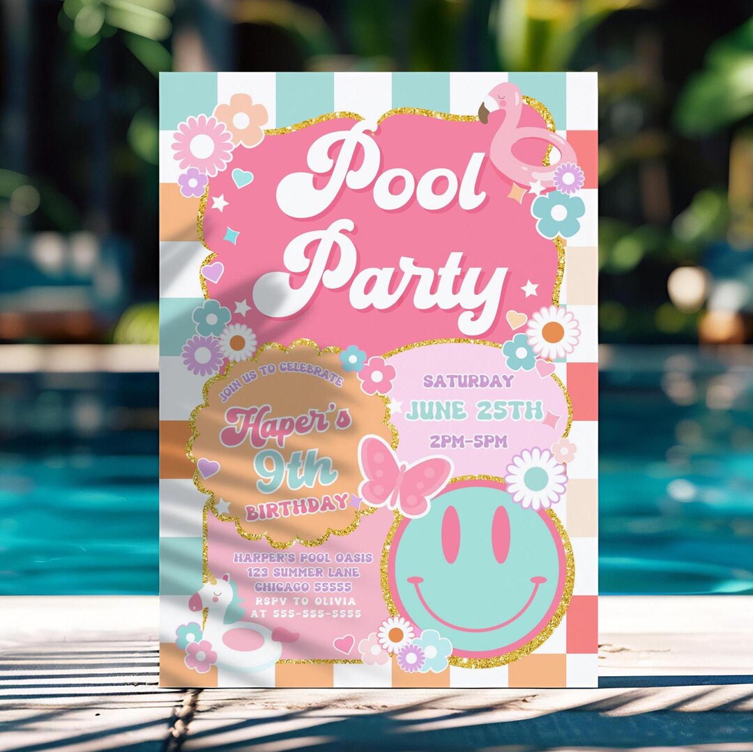 Editable Checkered Smiley Face Pool Party Birthday Invite Groovy Retro ...