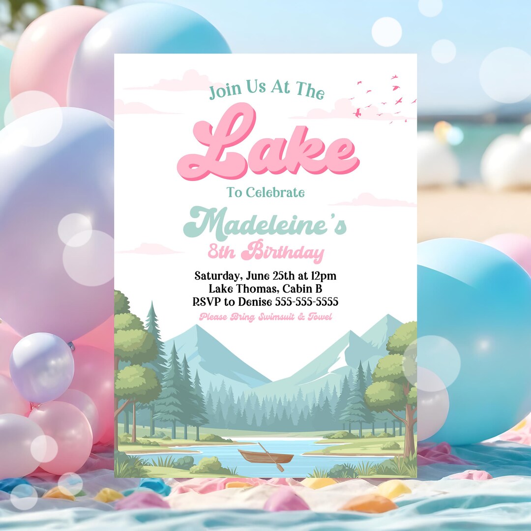 Girl's Lake Birthday Party Invitation Girl's Pink Boat Lake Birthday ...
