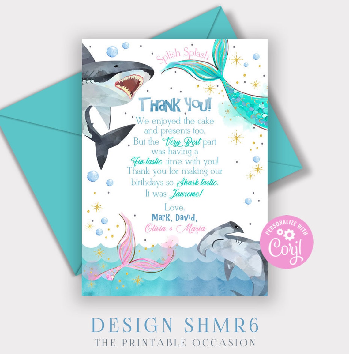 EDITABLE Sharks and Mermaids Printable Thank You Card Sharks - Etsy