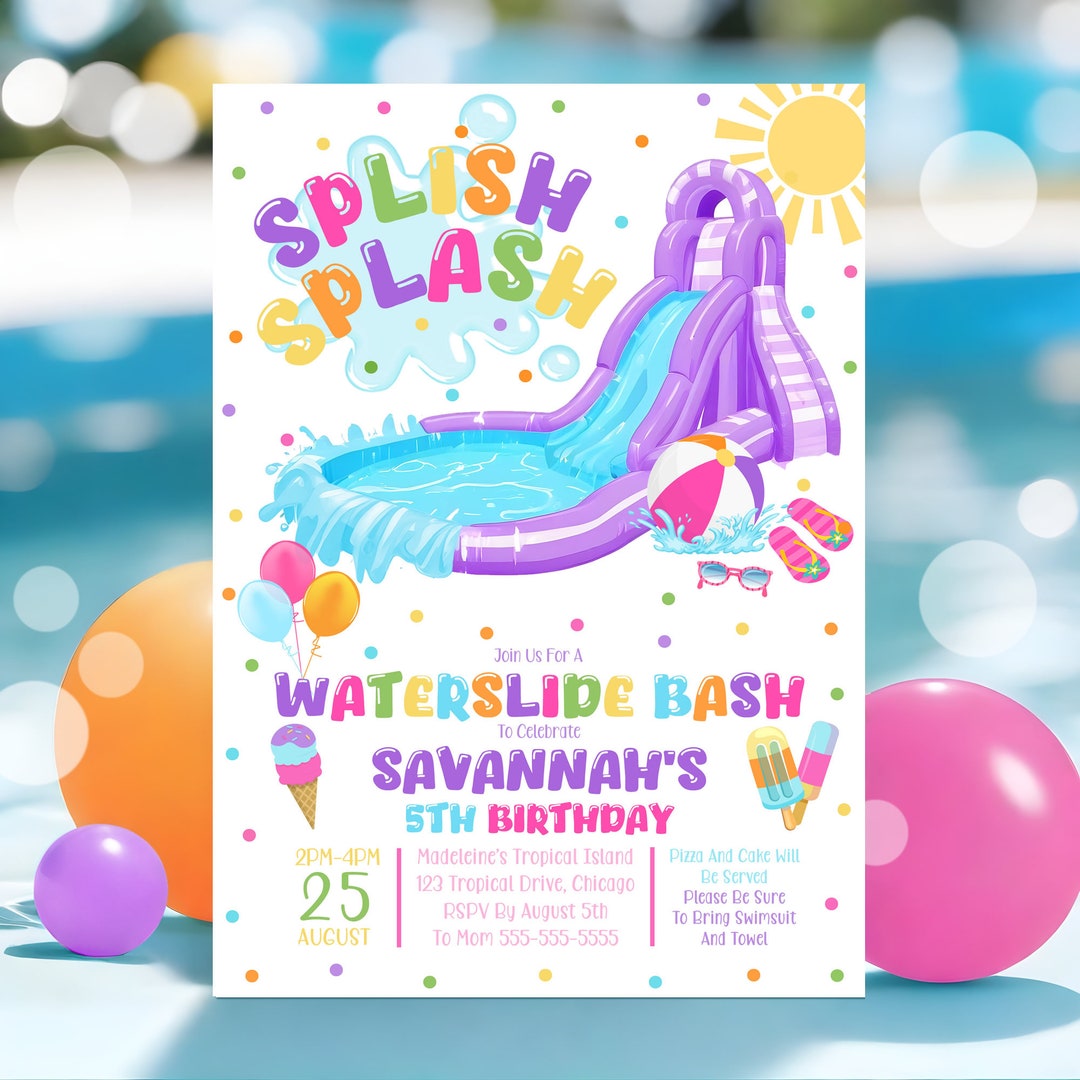 Editable Water Slide Birthday Splash Party Invitation Purple ANY AGE ...