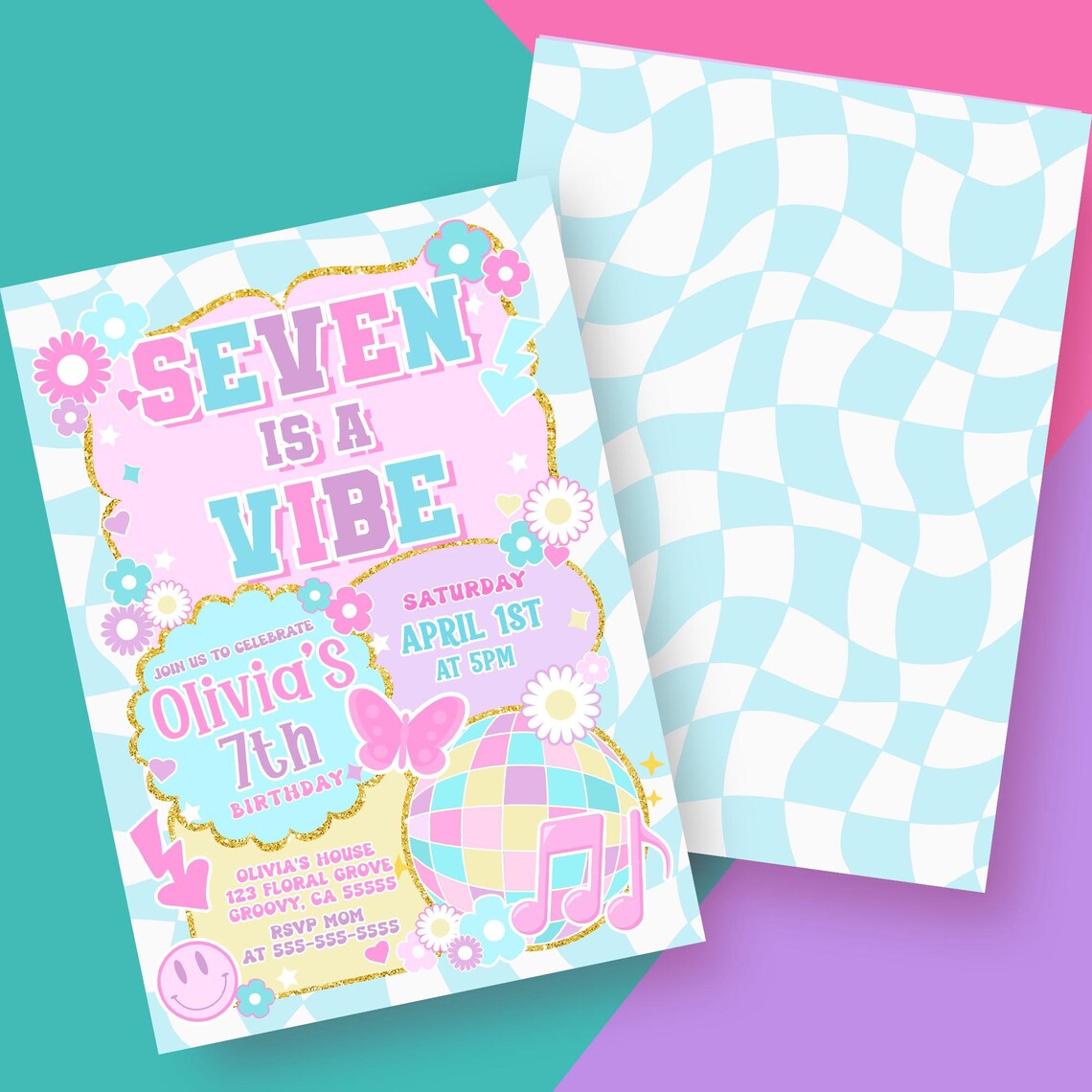 Seven is A Vibe 7th Birthday Invitation Template Editable Rainbow ...