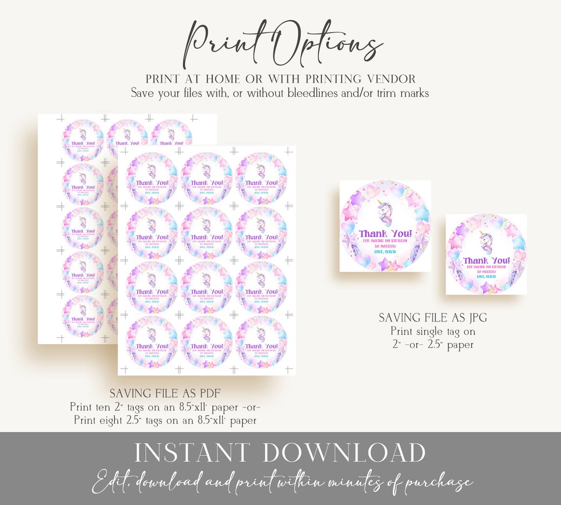 Editable Unicorn Favor Tags Magical Birthday Thank You Tags - Etsy