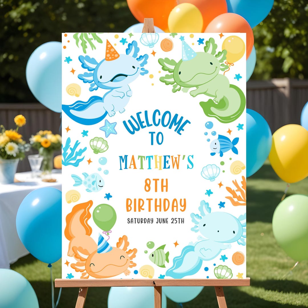 Editable Axolotl Birthday Welcome Sign Boy Under the Sea Party Poster ...