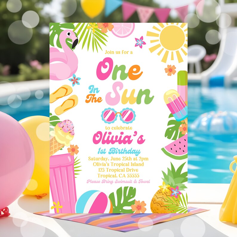 Editable One in the Sun 1st Birthday Party Invitation Tropical Summer ...