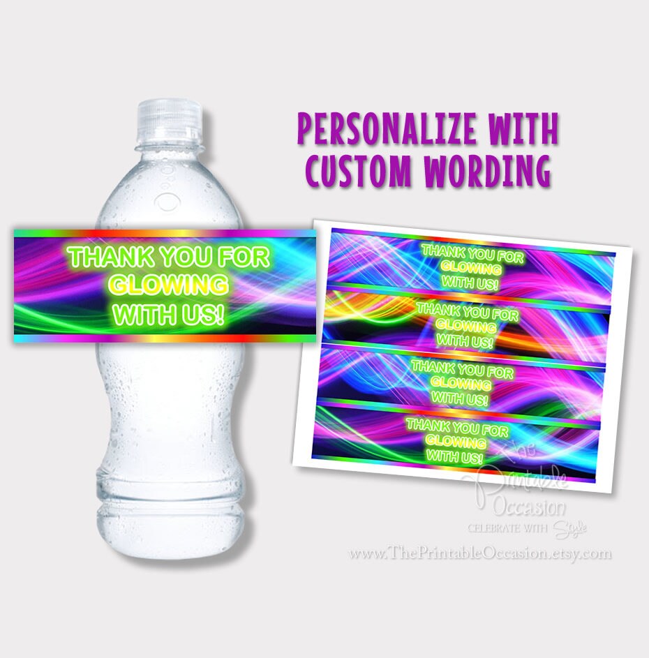 Neon Glow Party Water Bottle Labels Personalized Printable - Etsy