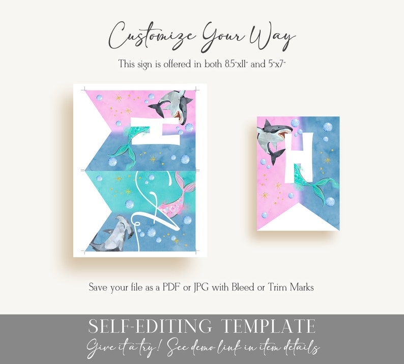 EDITABLE Shark and Mermaid Birthday Banner Printable Sharks - Etsy