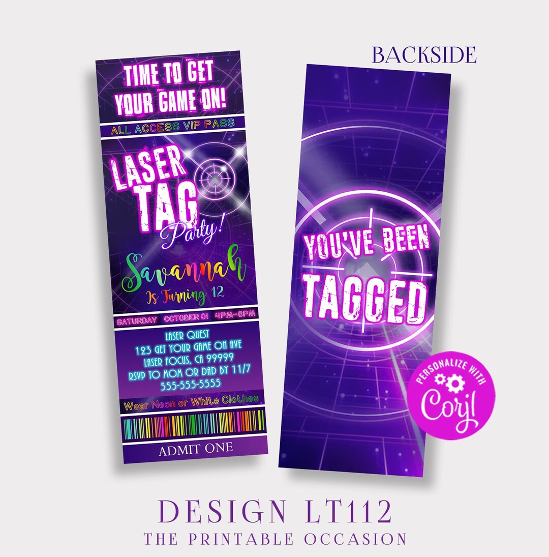 EDITABLE Girl's Laser Tag Invitation Admissions Ticket Laser Tag ...