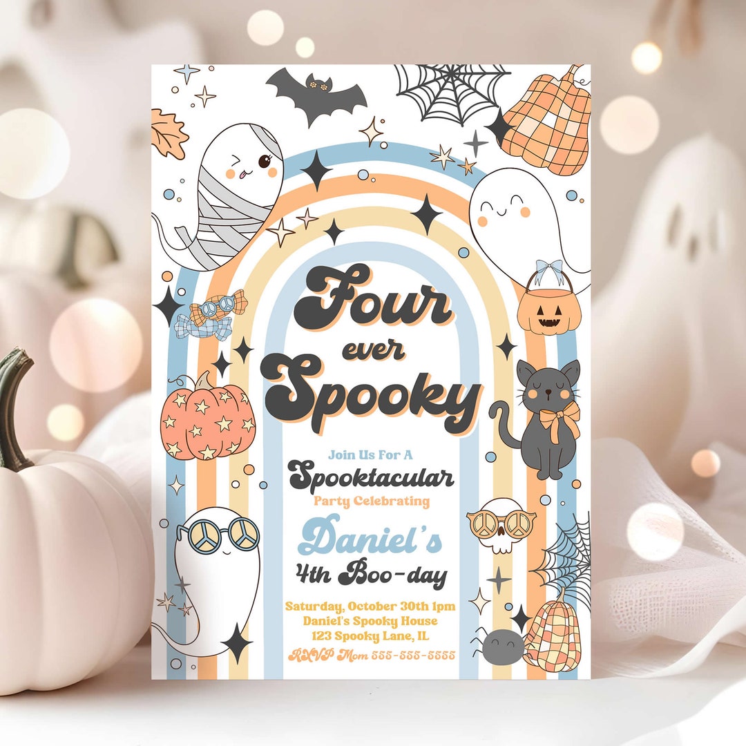 Editable Four Ever Spooky Halloween Ghost 4th Birthday Invitation Retro ...