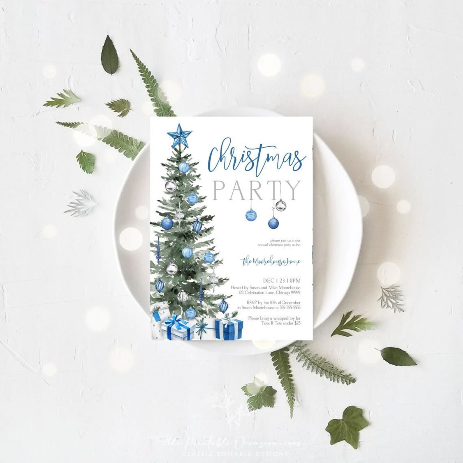 Christmas Party Invitation Template Blue Silver Christmas - Etsy