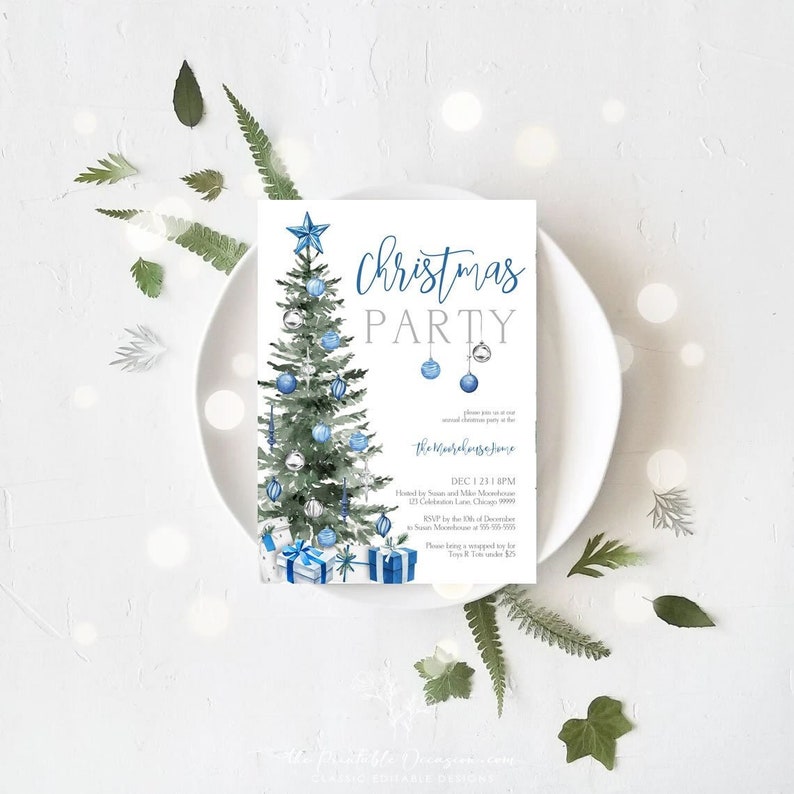 Christmas Party Invitation Template Blue Silver Christmas - Etsy