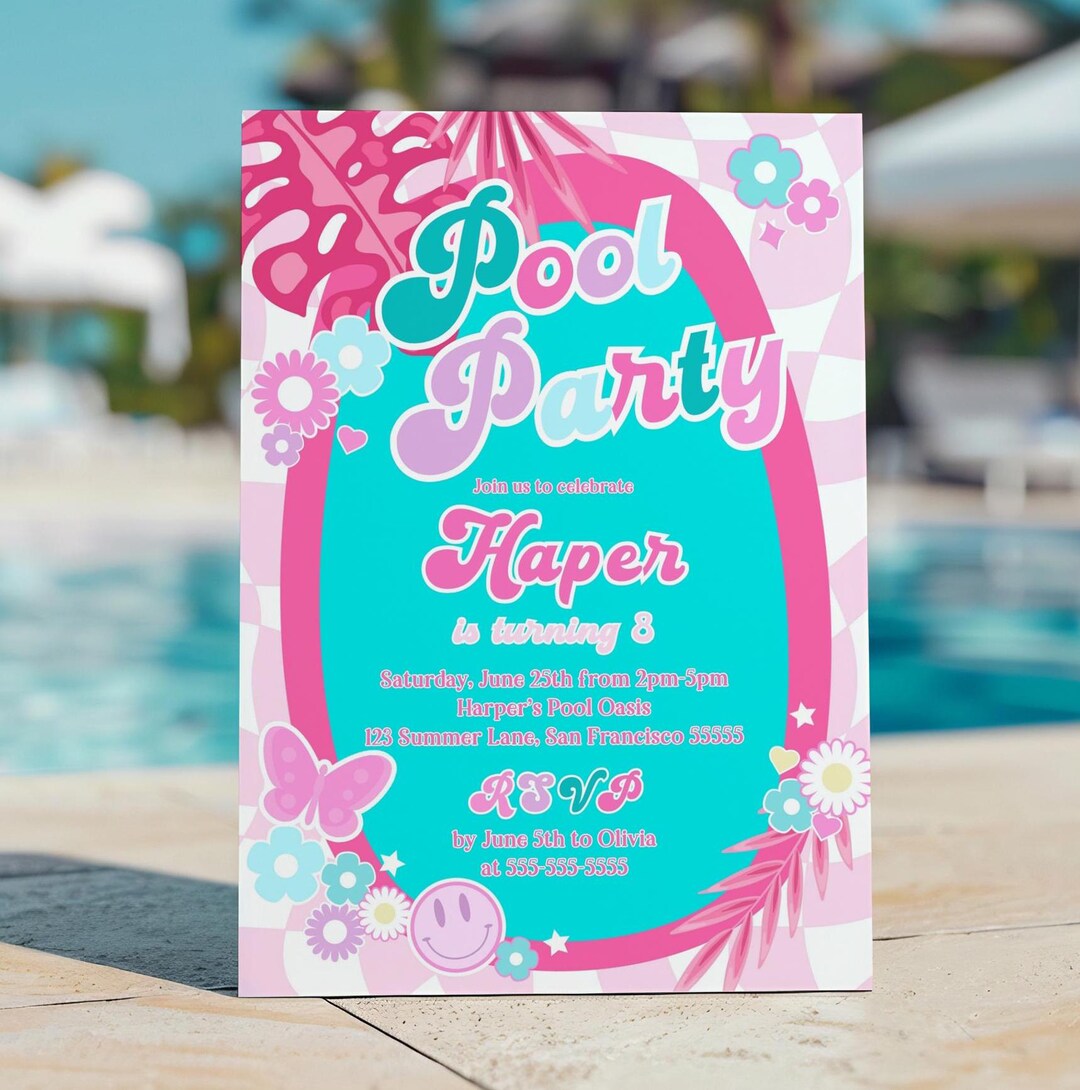 Editable Groovy Pool Party Invite Smile Face Emoji Invitation Editable ...