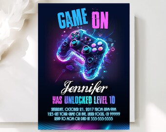 Video Game Party Invitation, EDITABLE Level up Birthday Invite, Blue ...