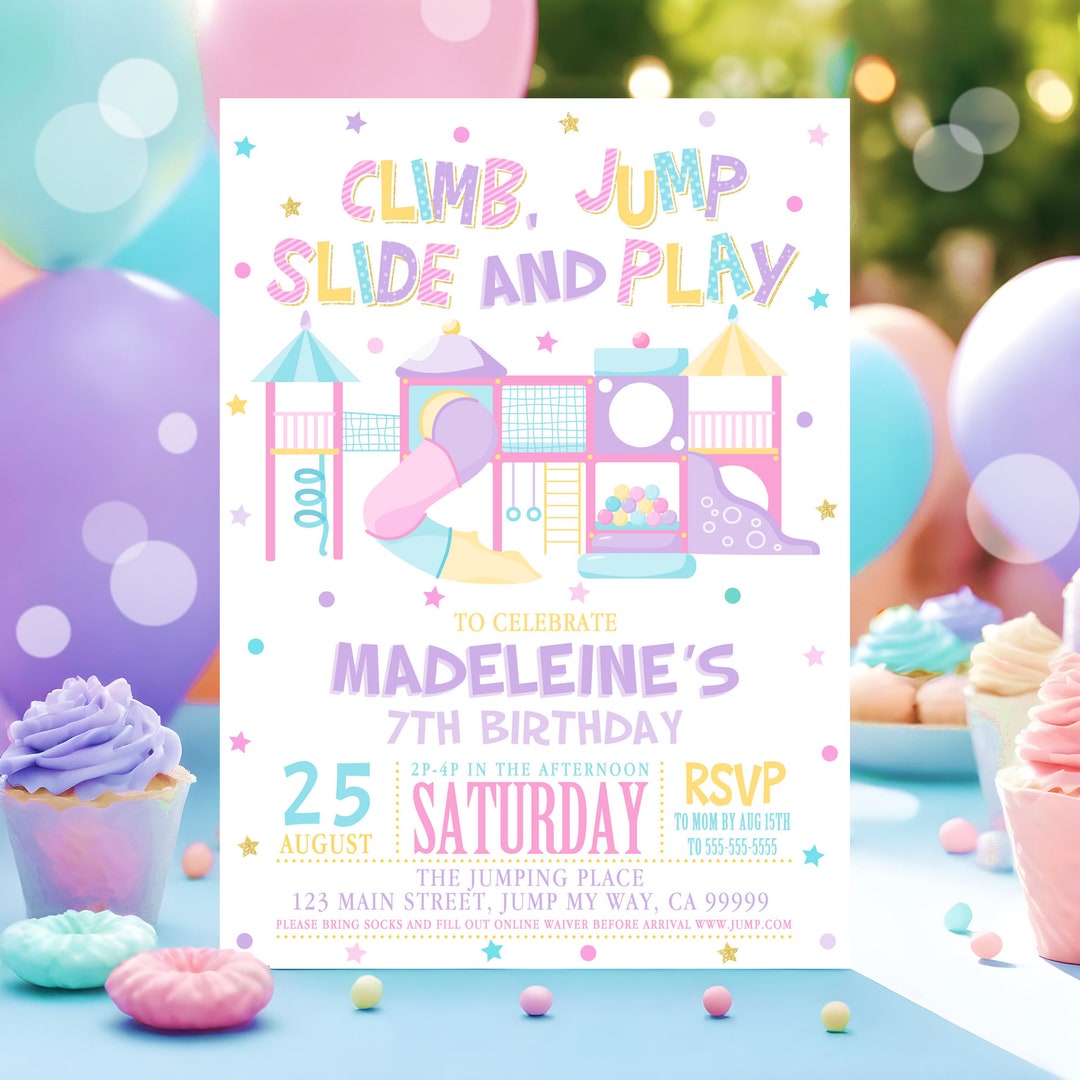 Editable Playground Birthday Party Invitation Pastel Girl Jungle Gym ...