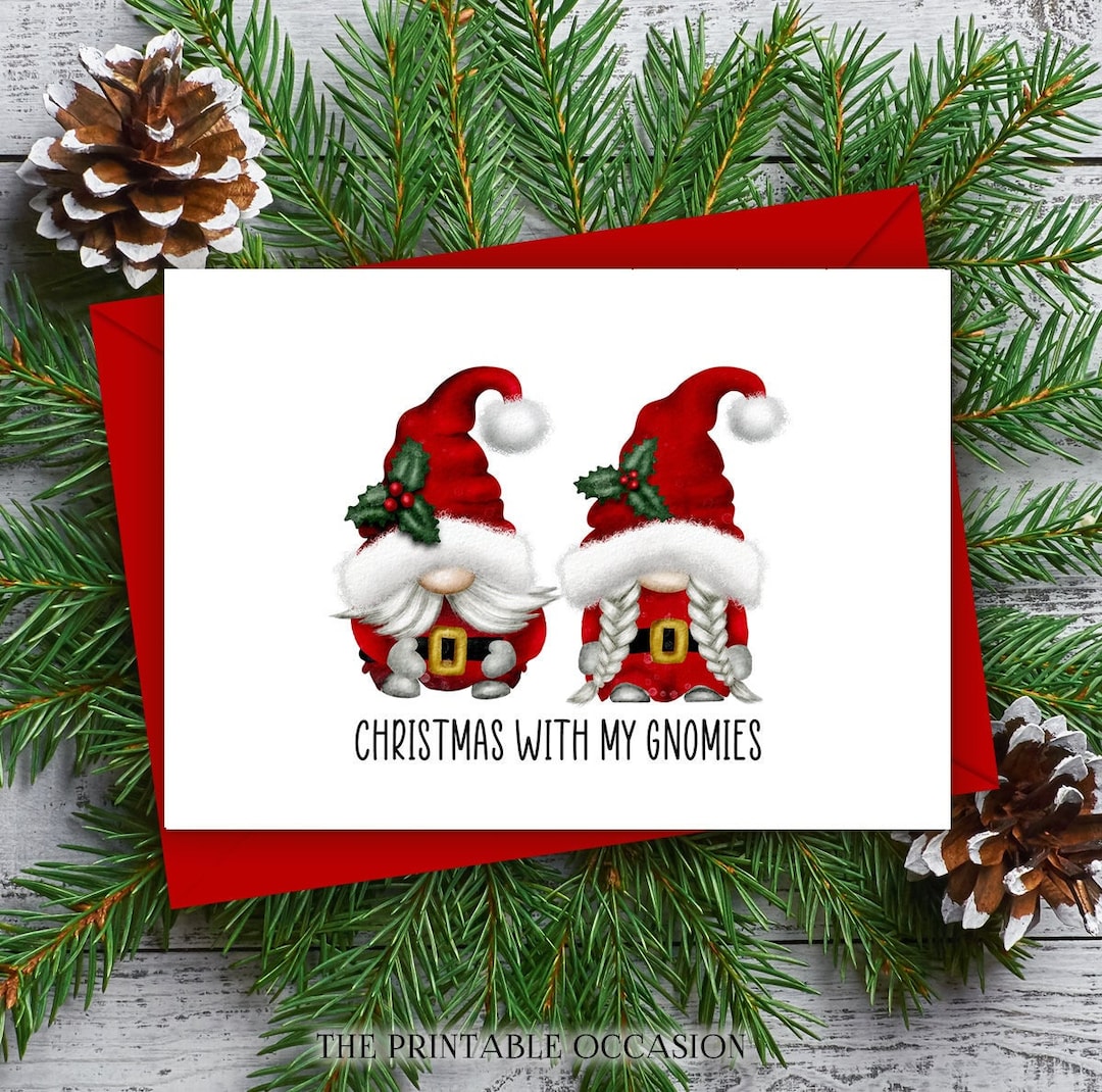 Santa Gnome Christmas Greeting Cards, Gnome Holiday Cards, Printable ...