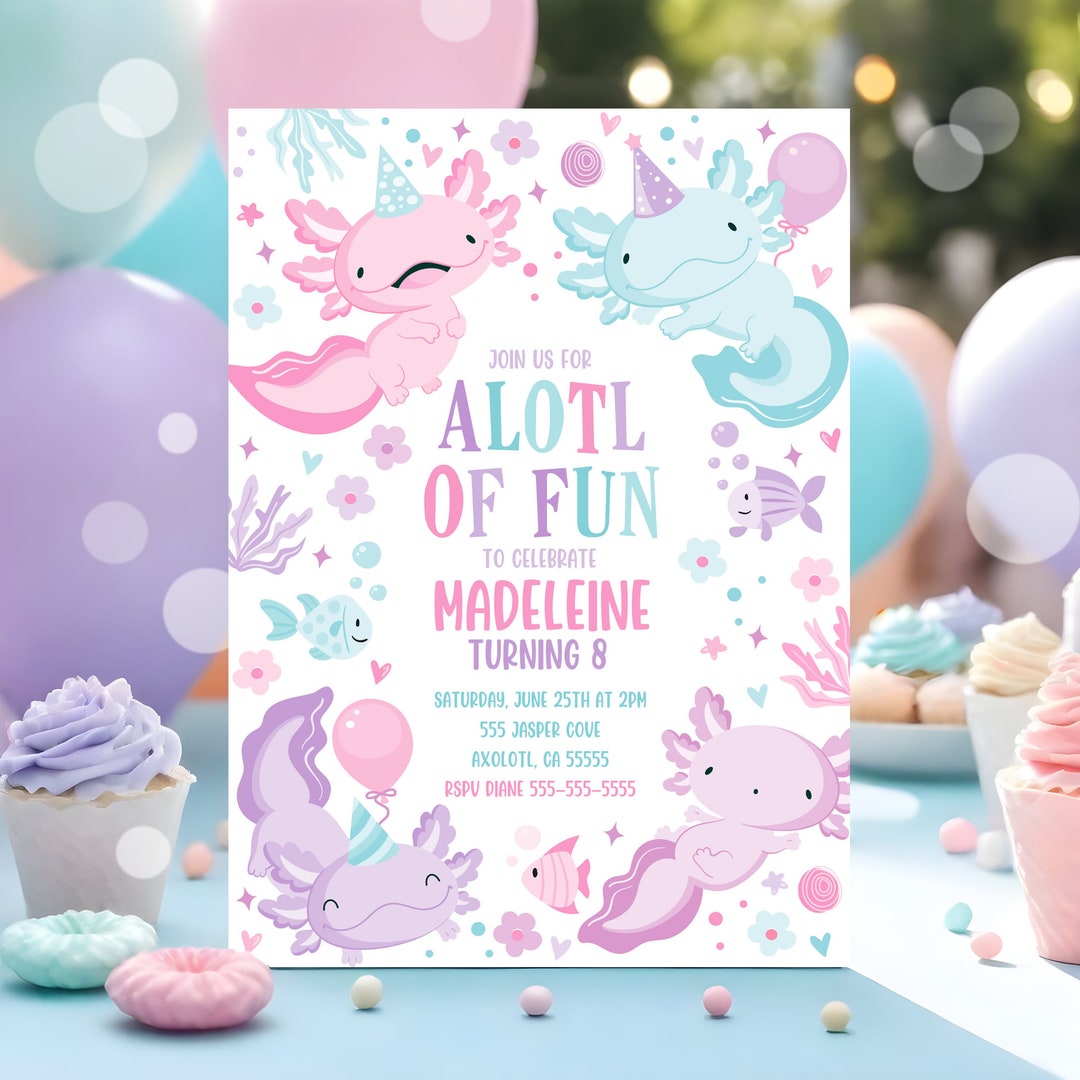 Editable Axolotl Birthday Party Invitation Cute Axolotl Lake Birthday ...