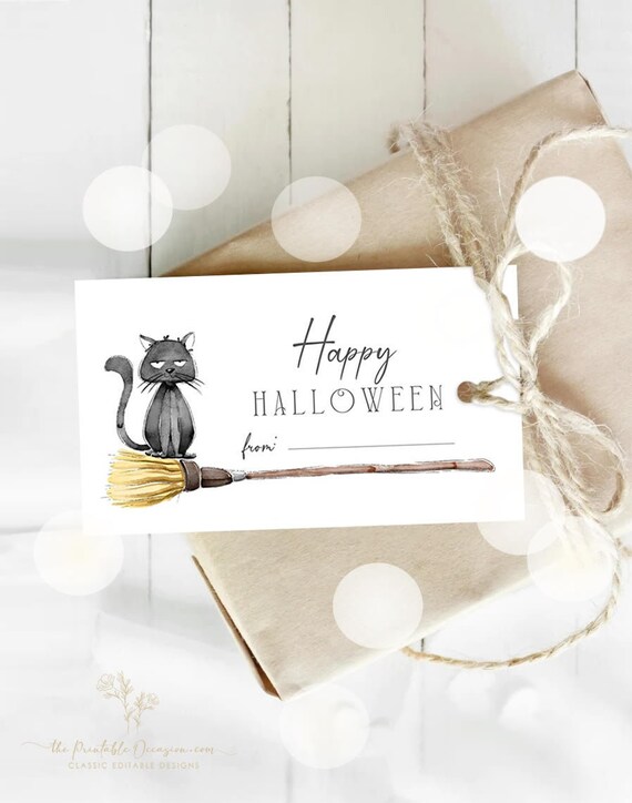 Happy Halloween Gift Tag, Printable Halloween Treat Tag, Black Cat on ...