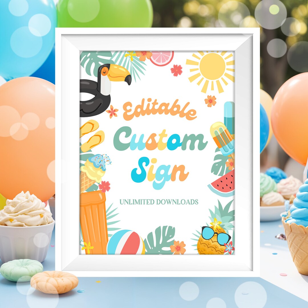 Editable Pool Party Custom Sign Tropical Splish Splash Boy's Pool Party ...