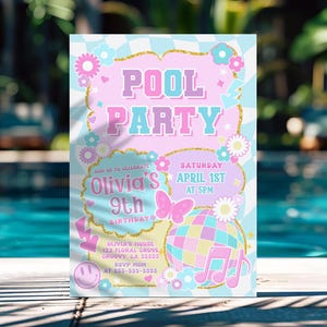 Editable Pool Party Invitation Girl Groovy Retro Birthday Invite Tween ...