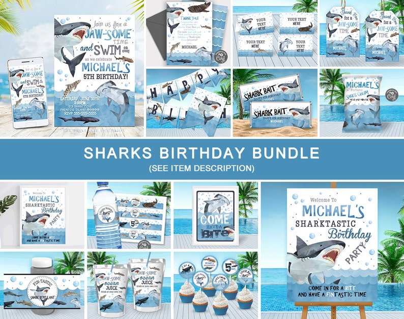EDITABLE Shark Birthday Invitation Bundle Printable Shark Pool Party ...