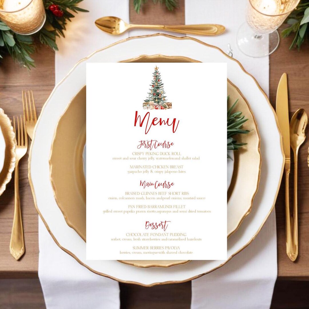 Christmas Tree Menu Card Template Red Gold Holiday Card Christmas Tree ...