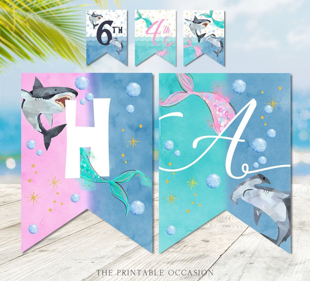 EDITABLE Shark and Mermaid Birthday Banner, Printable Sharks and ...