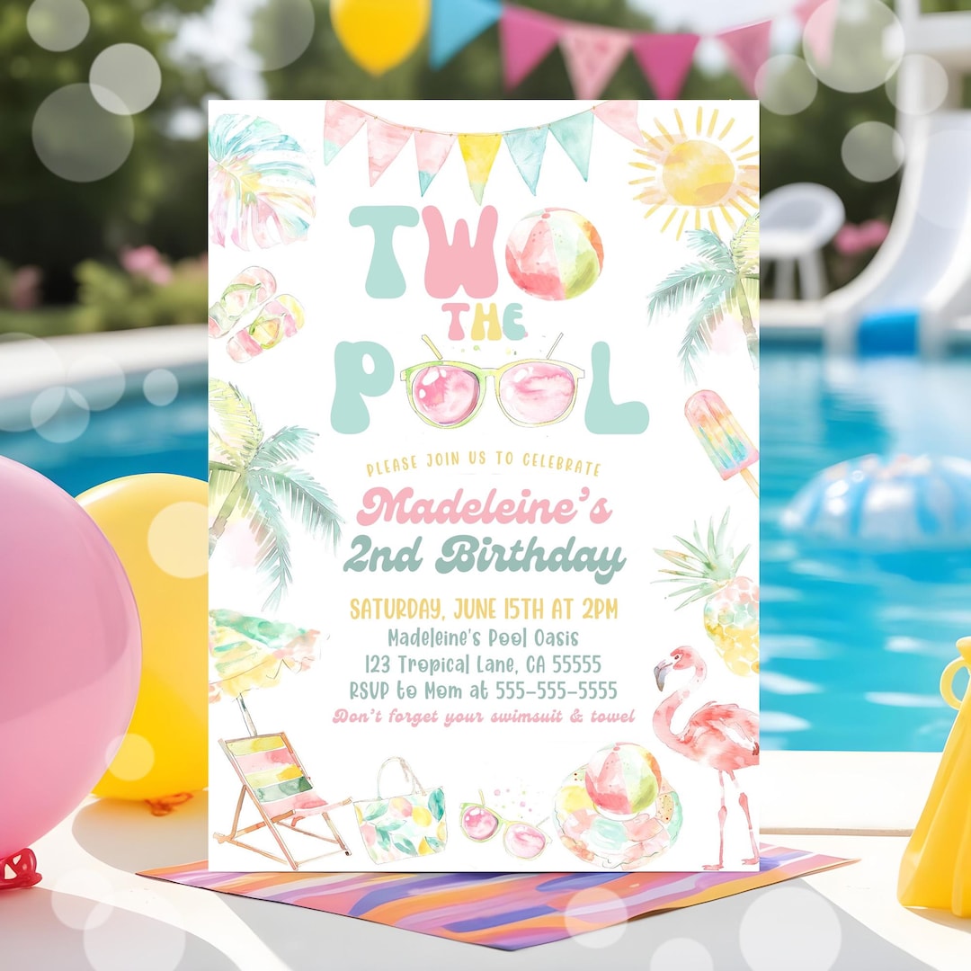 Editable Two the Pool 2nd Birthday Pool Party Invitation Girl Pink Mint ...