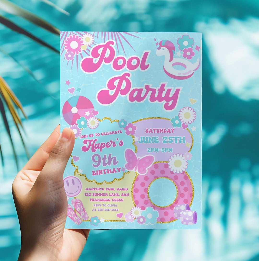 Retro Pool Party Birthday Invitation Printable Checkered Smiley Face ...
