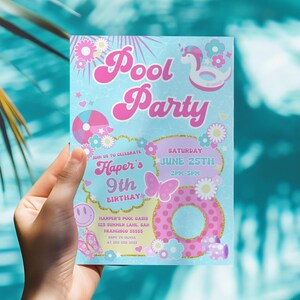 Retro Pool Party Birthday Invitation Printable Checkered Smiley Face ...
