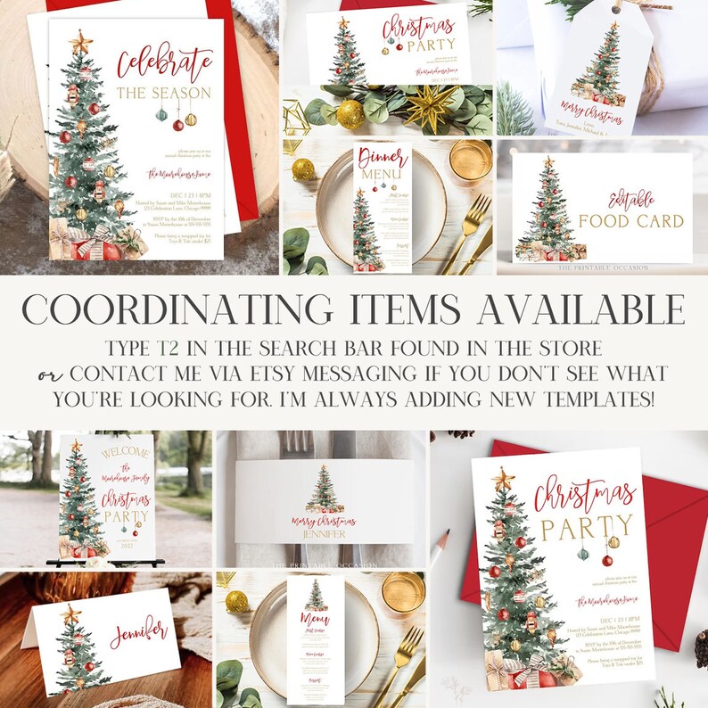 Christmas Tree Menu Card Template Red Gold Holiday Card - Etsy