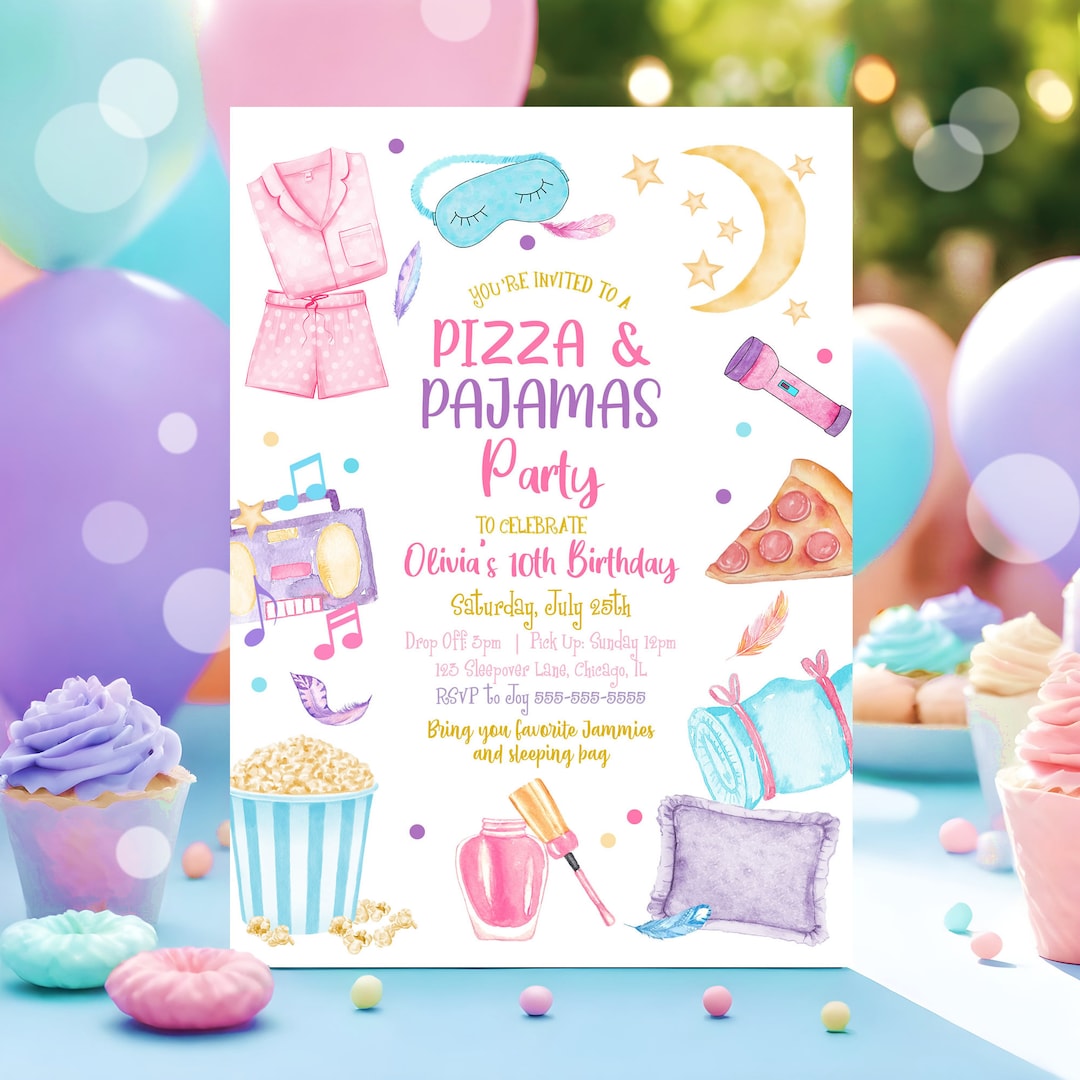 Editable Pizza and Pajamas Birthday Invitation Movie Night Party Girl ...