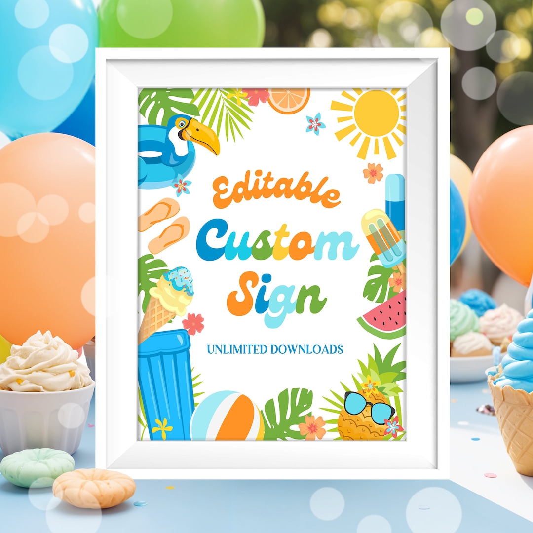 Editable Pool Party Custom Sign Tropical Splish Splash Boy's Pool Party ...