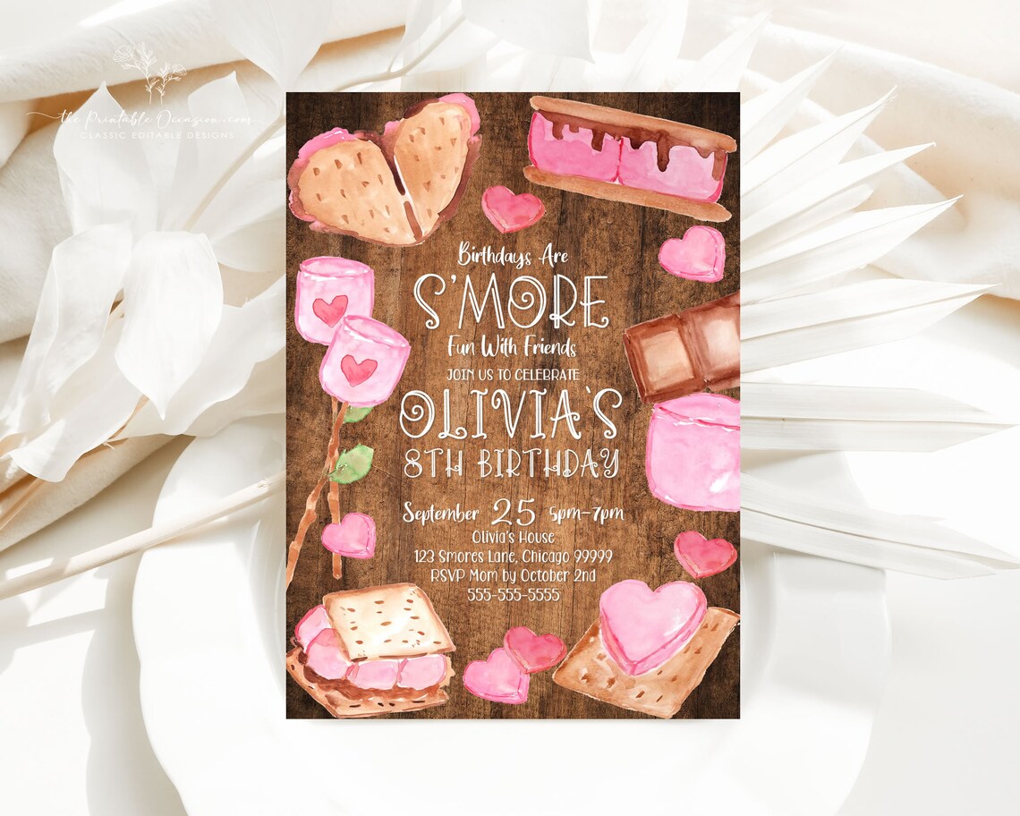 Girl's Smores Birthday Party Invitation Template Rustic - Etsy