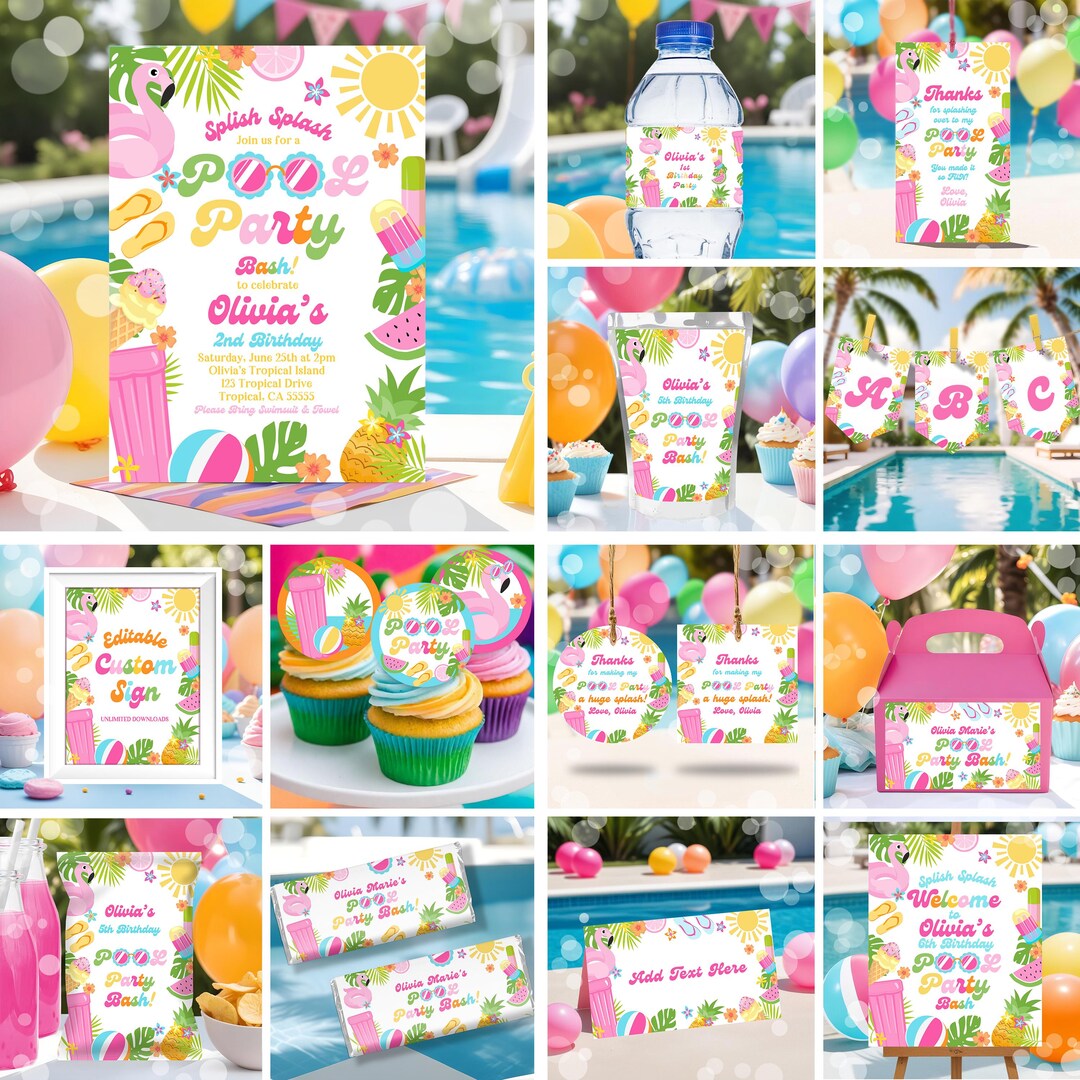 Editable Pool Party Birthday Invitation Bundle Tropical Splish Splash ...