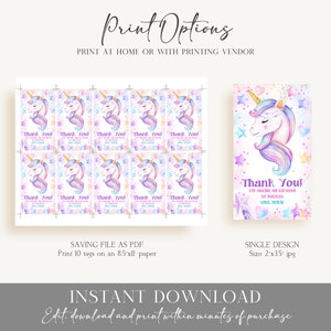 Unicorn Favor Tag Template Editable Unicorn Thank You Tags Printable ...