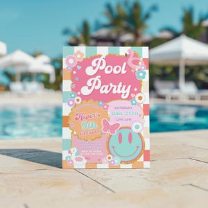 Editable Checkered Smiley Face Pool Party Birthday Invite Groovy Retro ...