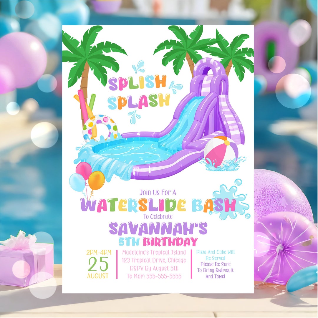 Water Slide Birthday Splash Party Invitation Purple ANY AGE Editable ...