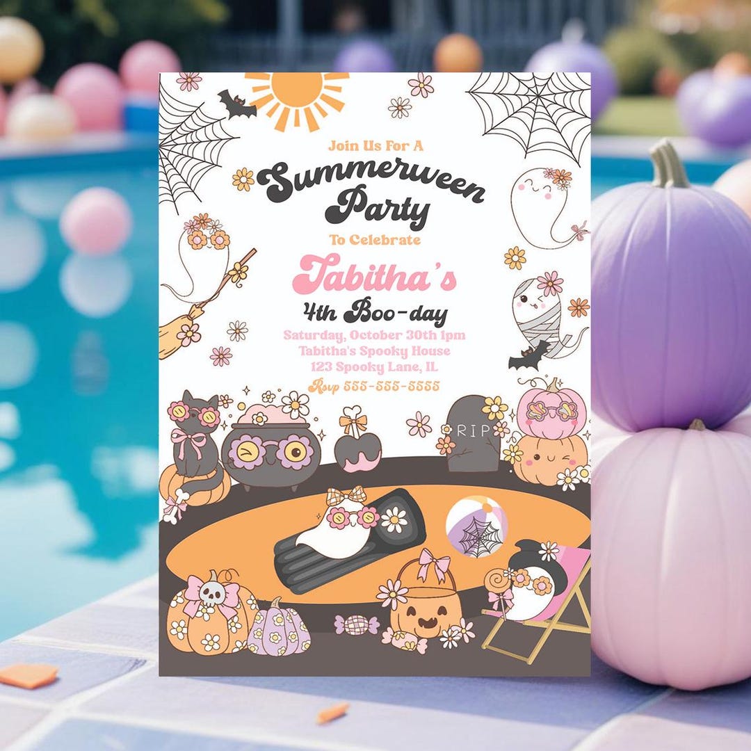 Editable Summerween Birthday Party Invitation Summer Halloween Ghost ...