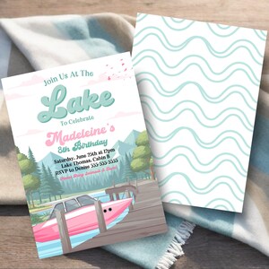 Girl's Lake Birthday Party Invitation Girl's Pink Boat Lake Birthday ...