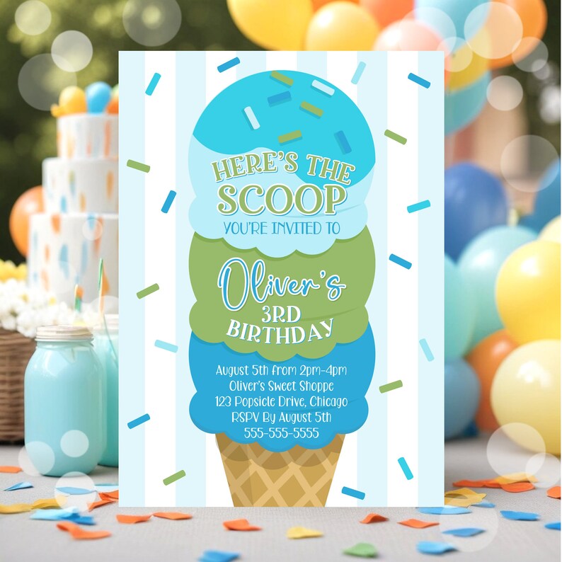 Editable Ice Cream Birthday Invitation Boy 3rd Birthday Party Invite ...
