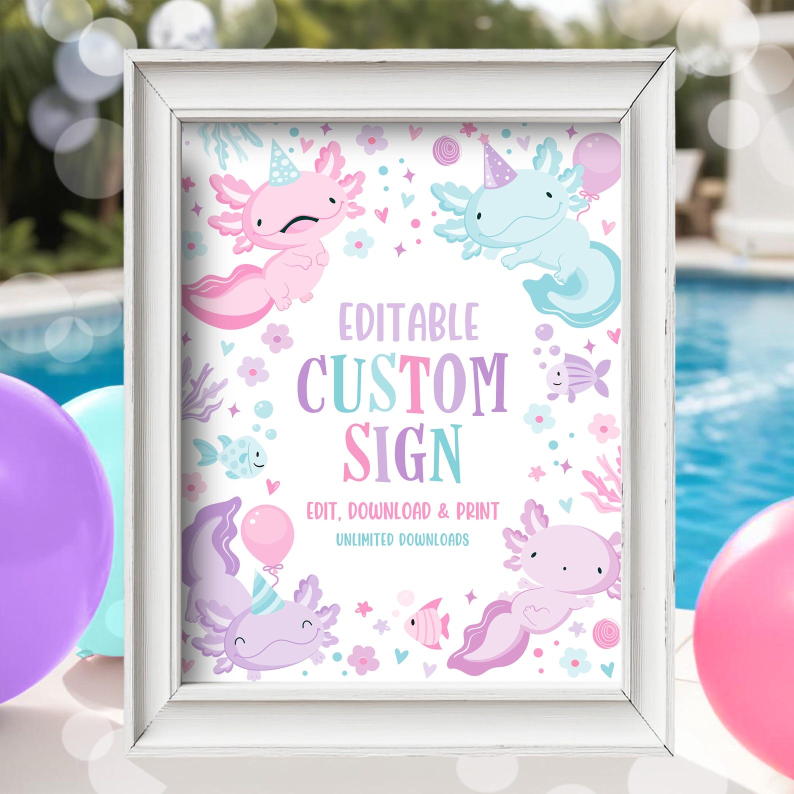EDITABLE Axolotl Gable Box Label Pink Teal and Purple Girl Axolotl ...