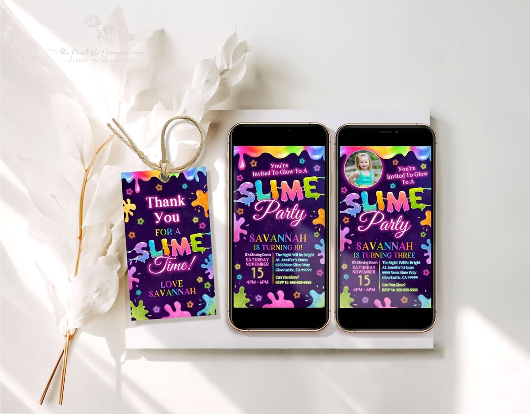 Slime Mobile Invitation Editable Digital Glow Slime Party - Etsy