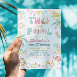 Editable Two the Pool 2nd Birthday Pool Party Invitation Girl Pink Mint ...